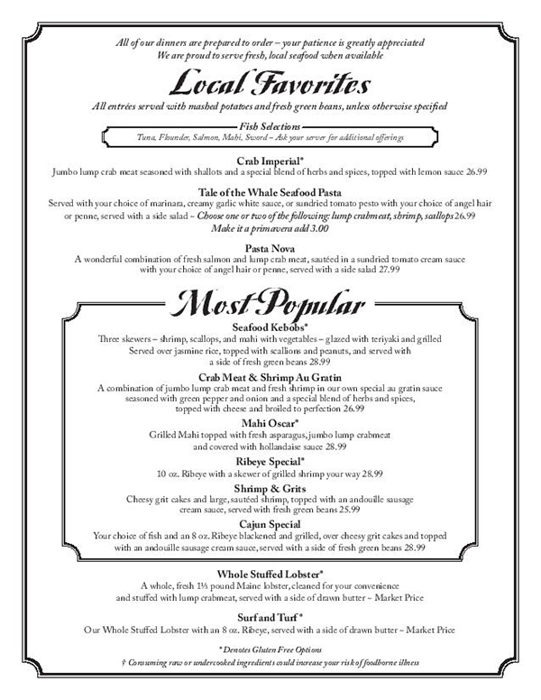 Menu & Specials | Tale of the Whale Restaurant