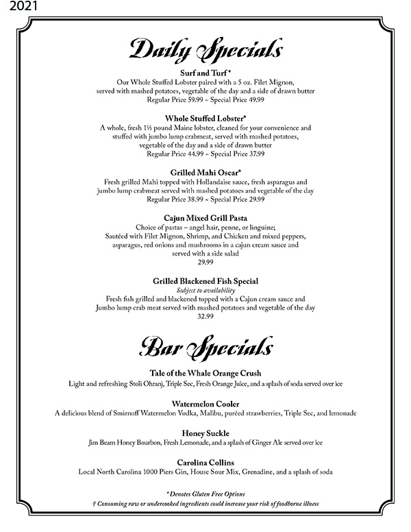 Menu & Specials | Tale of the Whale Restaurant